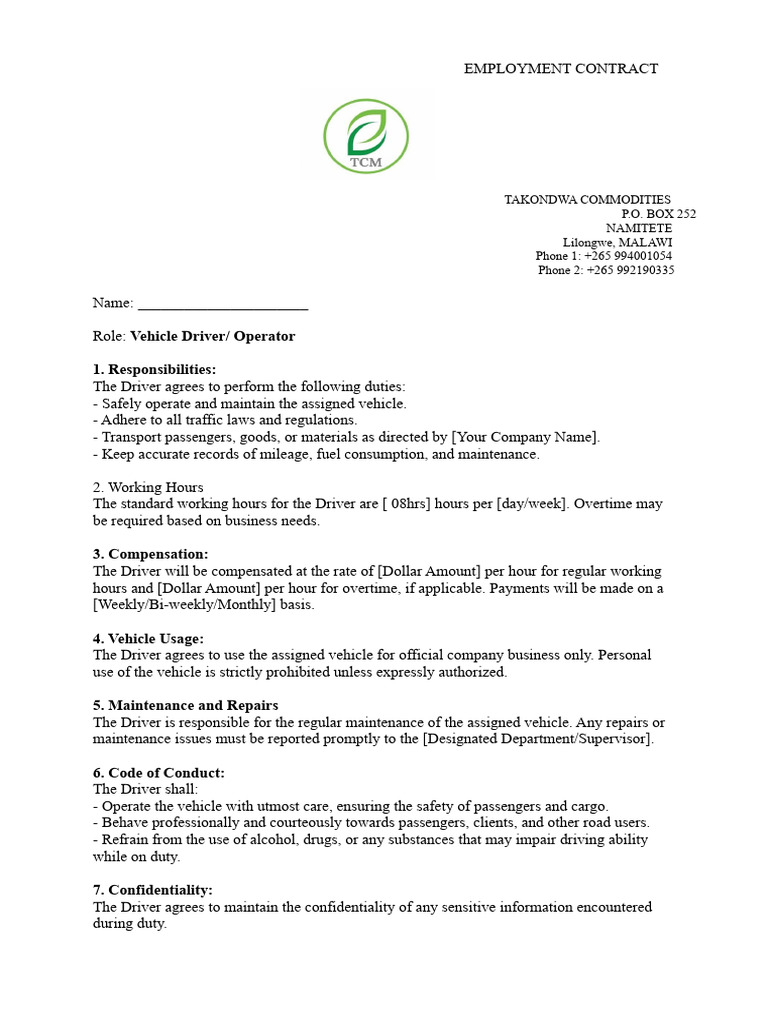 Truck Driver Employment Contract Template | PDF