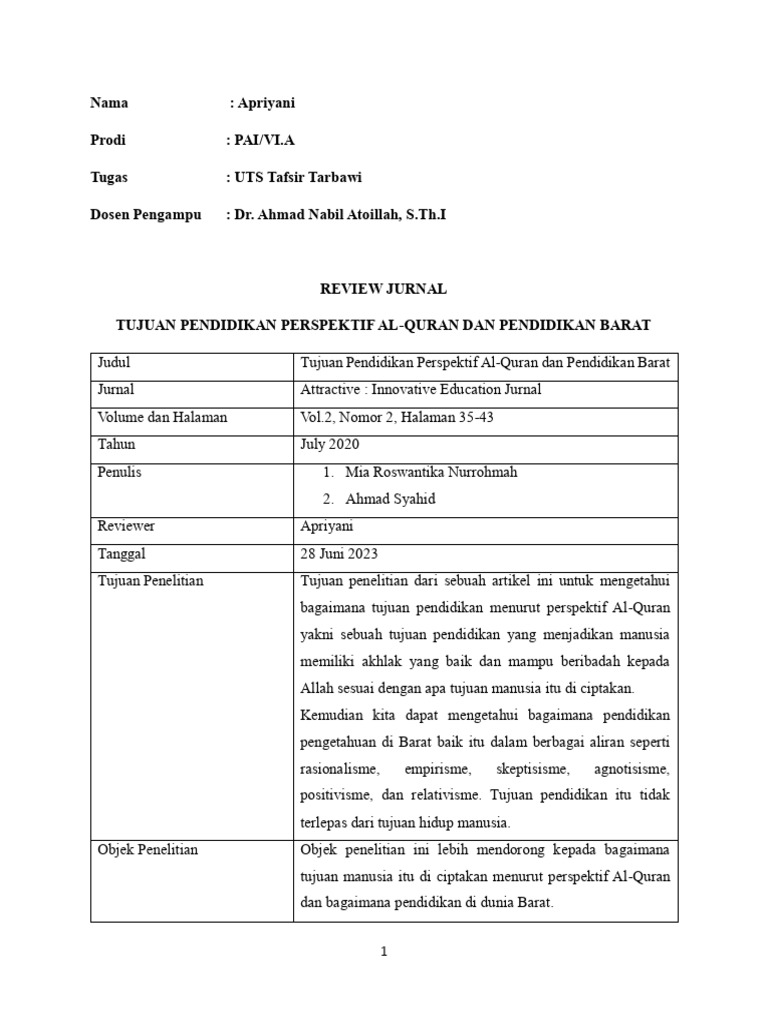Review Tafsir Tarbawi Apriyani | PDF