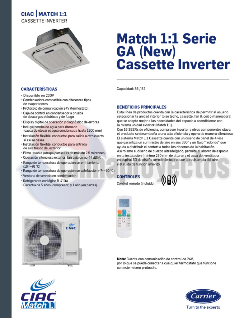 Ficha Tecnica Cassette Dividido Serie Ga CIAC Carrier HVAC | PDF ...