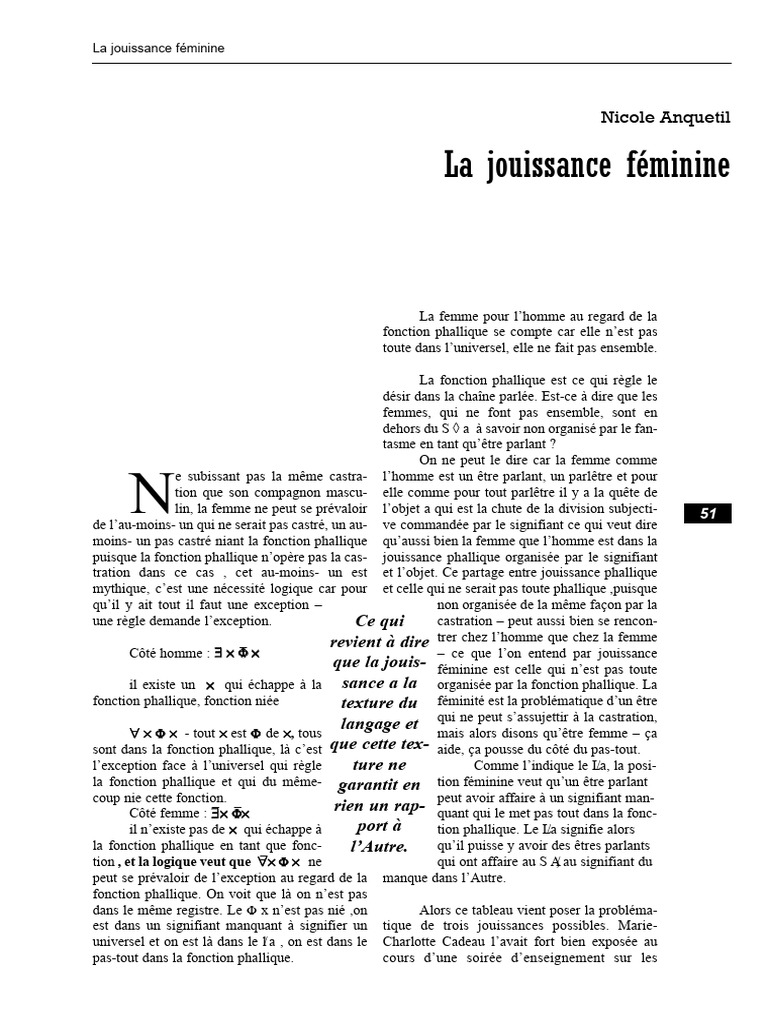 Jouissance féminine et fonction phallique | PDF | Jacques Lacan | Sexe