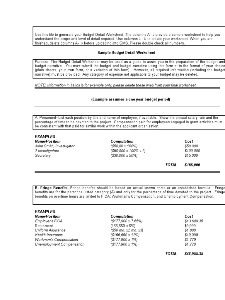 Sample Budget Detail Worksheet: Examples Name/Position Computation Cost ...