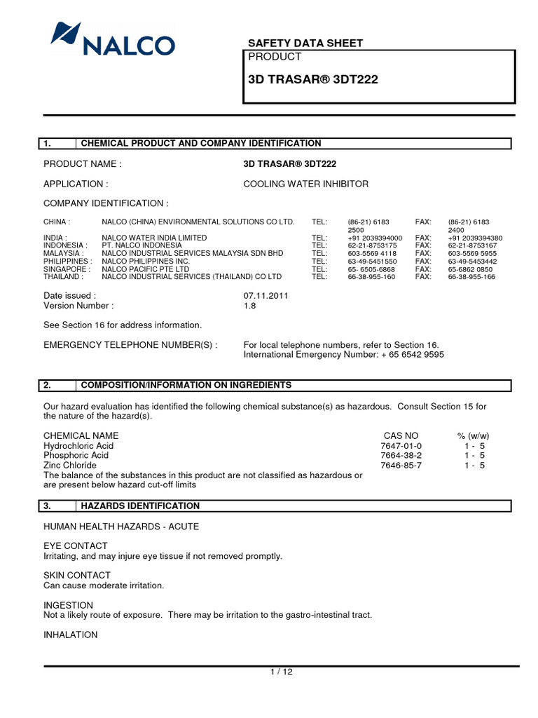 MSDS Nalco 3DT 222 | PDF | Sodium Hydroxide | Fires