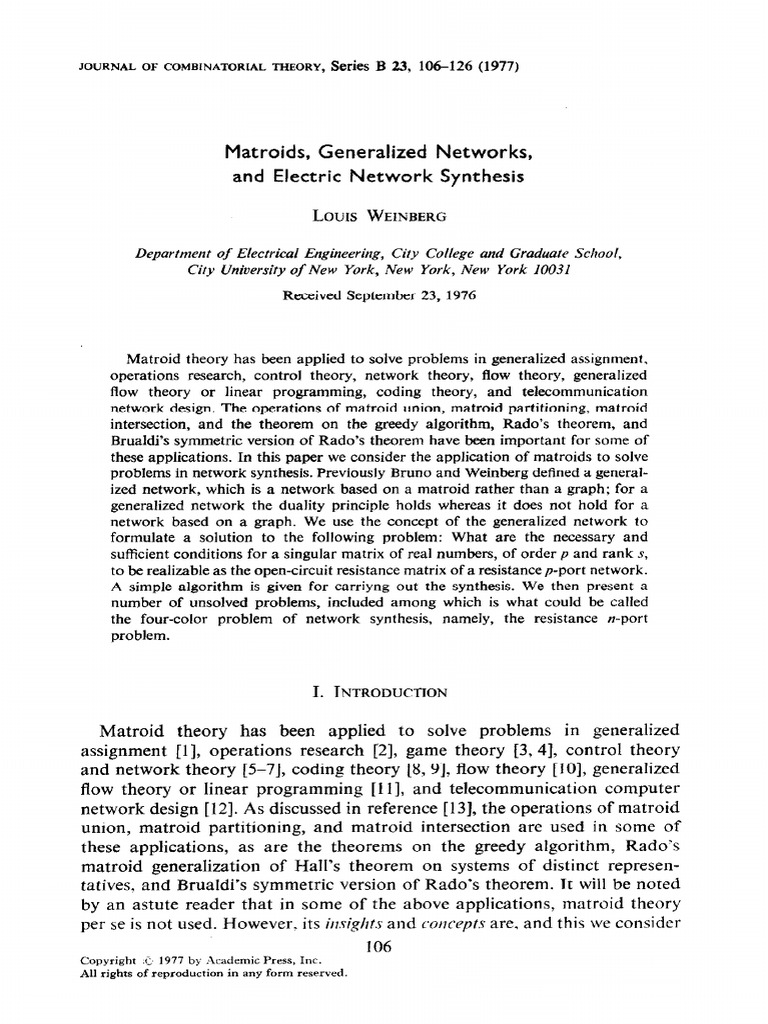 Matroids, Generalized Networks and Electrical Network Synthesis - Louis Weinberg | PDF | Matrix ...