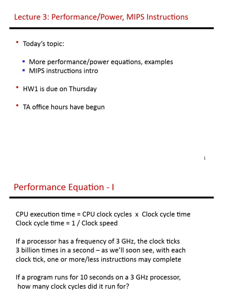 Lecture 3: Performance/Power, MIPS Instructions | PDF | Central Processing Unit | Computer ...