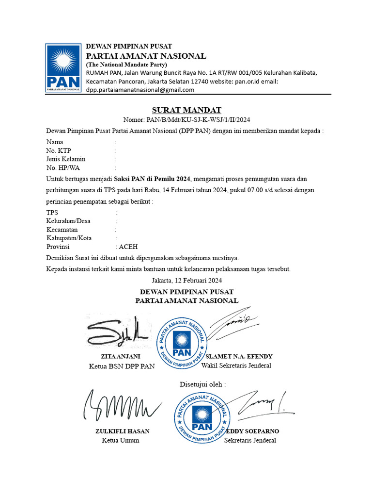 Surat Mandat Saksi PAN Pemilu 2024 | PDF