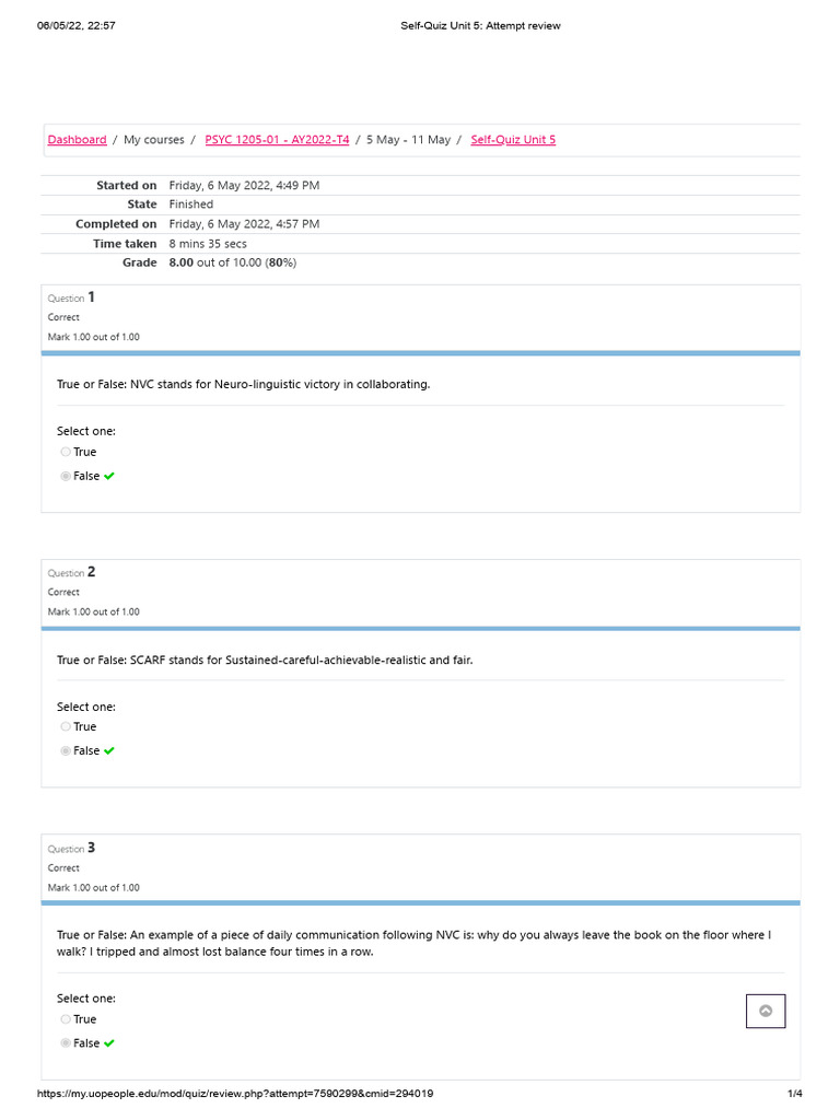 Self-Quiz Unit 5 - Attempt Review | PDF | Neuroscience | Social Psychology