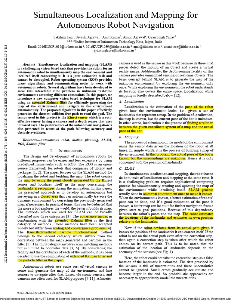 Simultaneous Localization and Mapping For Autonomous Robot Navigation | PDF | Kalman Filter ...