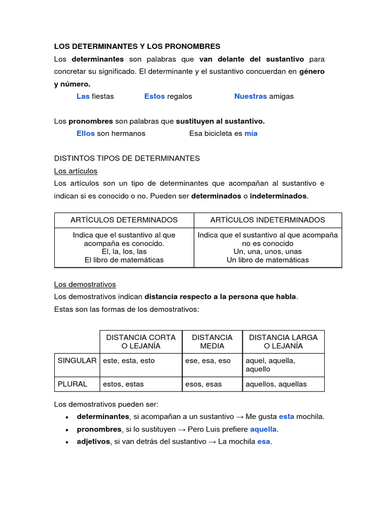 Guía de Determinantes y Pronombres | PDF | Sustantivo | Relaciones ...