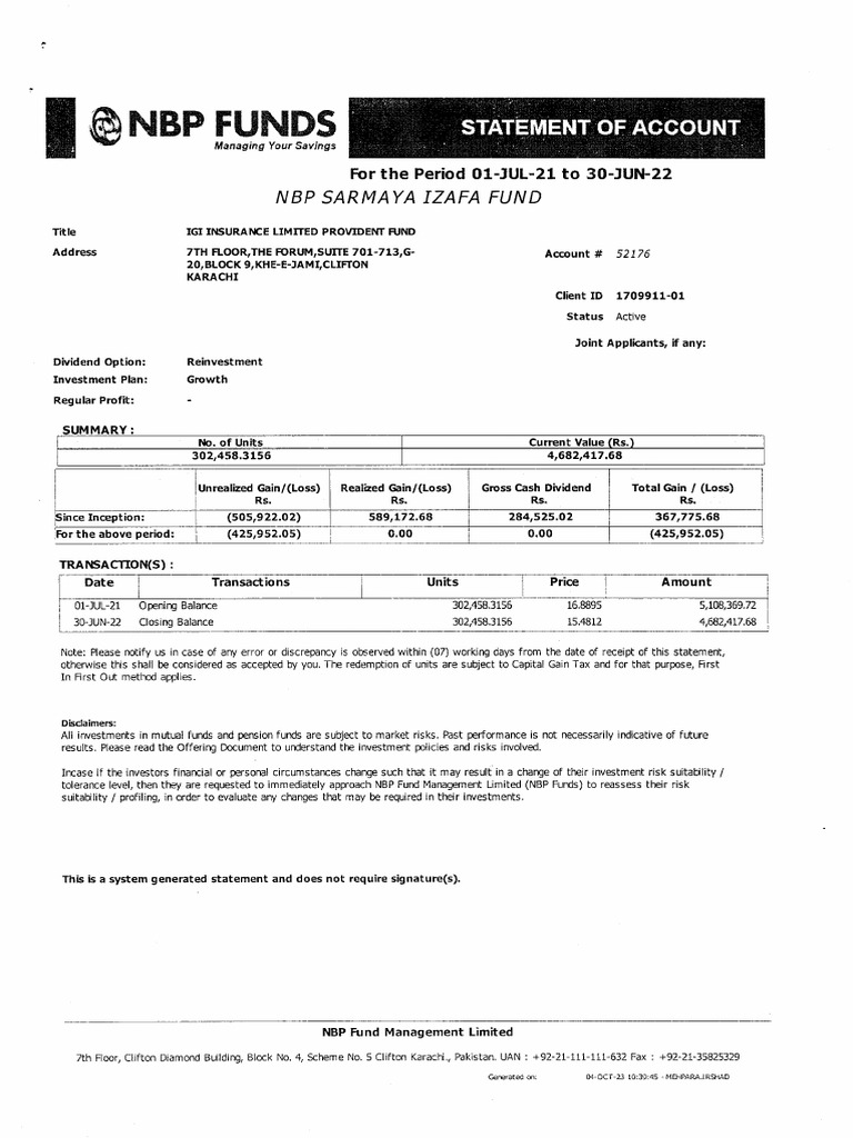 NBP Sarmaya Izafa Fund Account Statement | PDF | Investing | Dividend