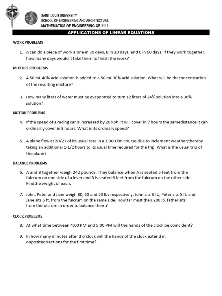 Applications of Linear Equations | PDF