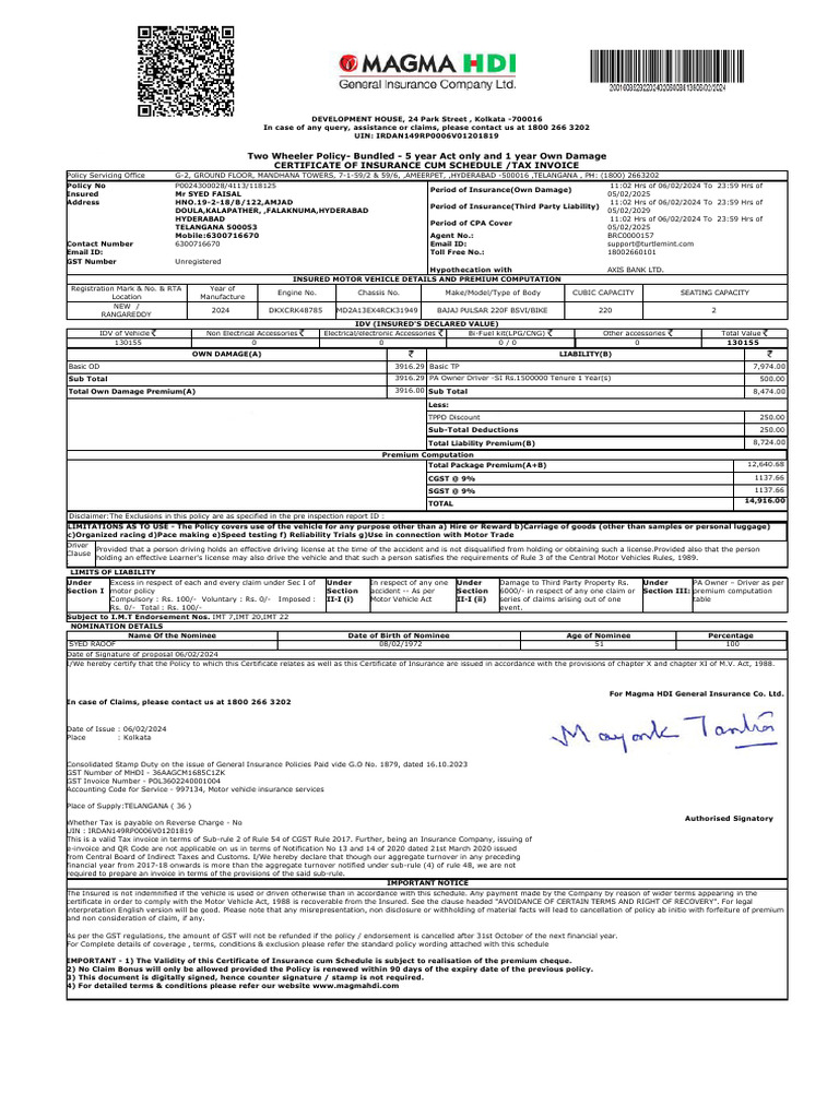 Two Wheeler Policy-Bundled - 5 Year Act Only and 1 Year Own Damage ...