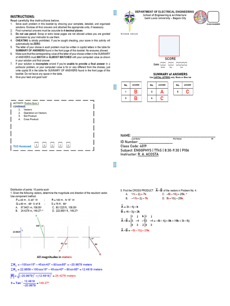 Prelim Quiz 1: Vectors and Operations | PDF | Euclidean Vector ...