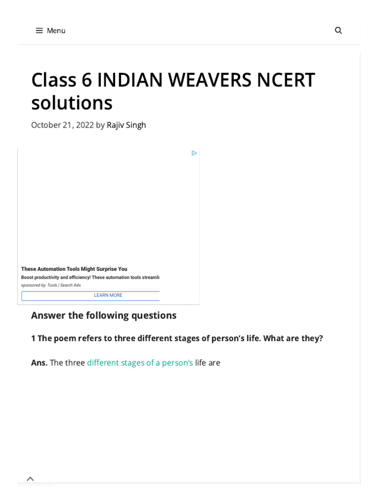 Class 6 Indian Weavers Poem Solutions | PDF | Weaving | Textiles
