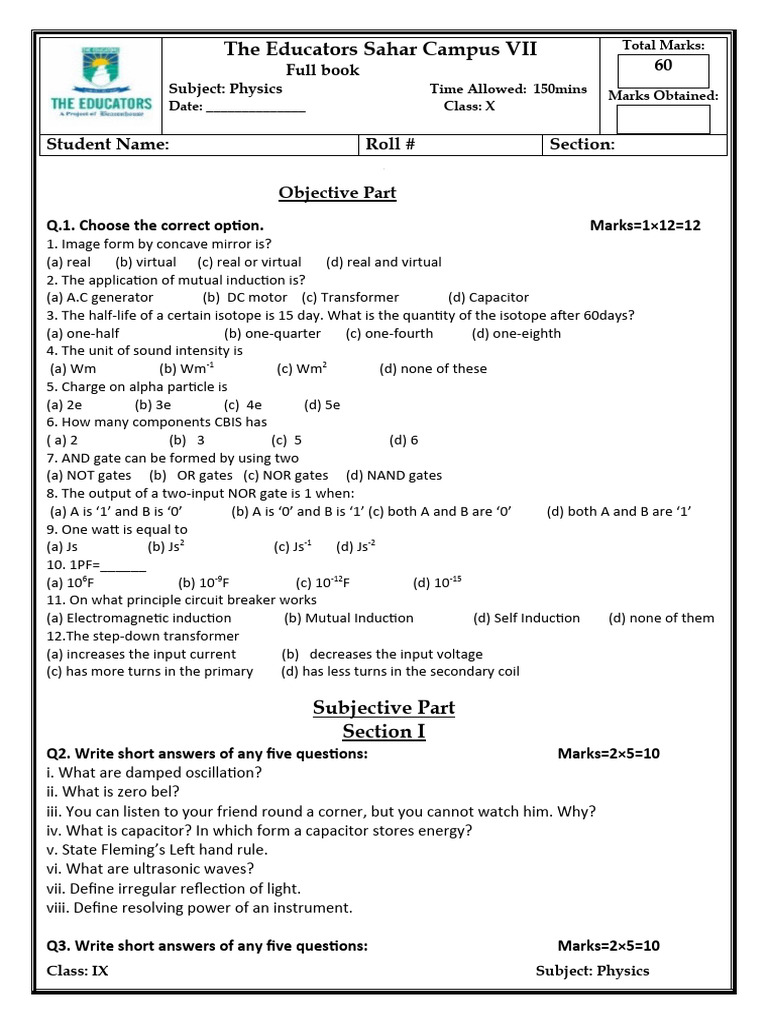 Class 10th Phy Pre Board Full Book | PDF | Transformer | Inductor