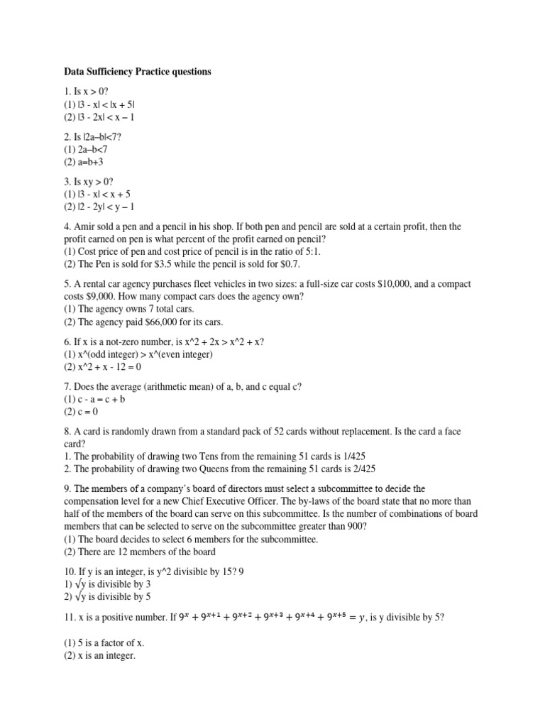 Data Sufficiency Practice Questions | PDF | Numbers | Gasoline