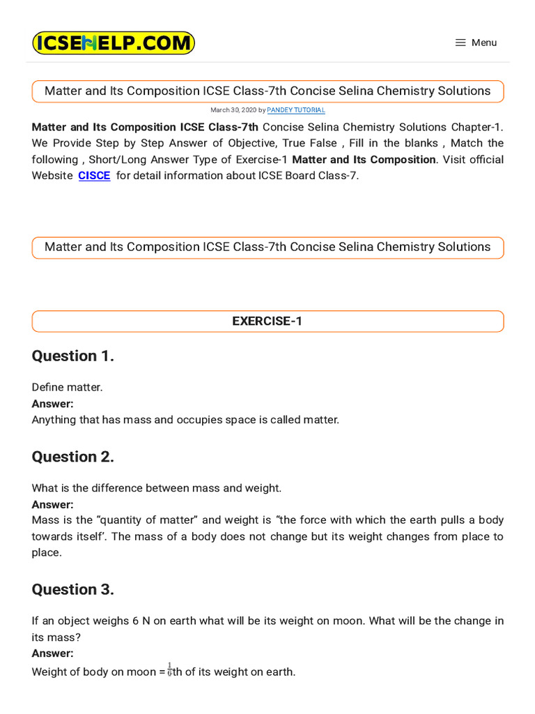 Matter and Its Composition ICSE Class-7th Concise Selina Chemist | PDF
