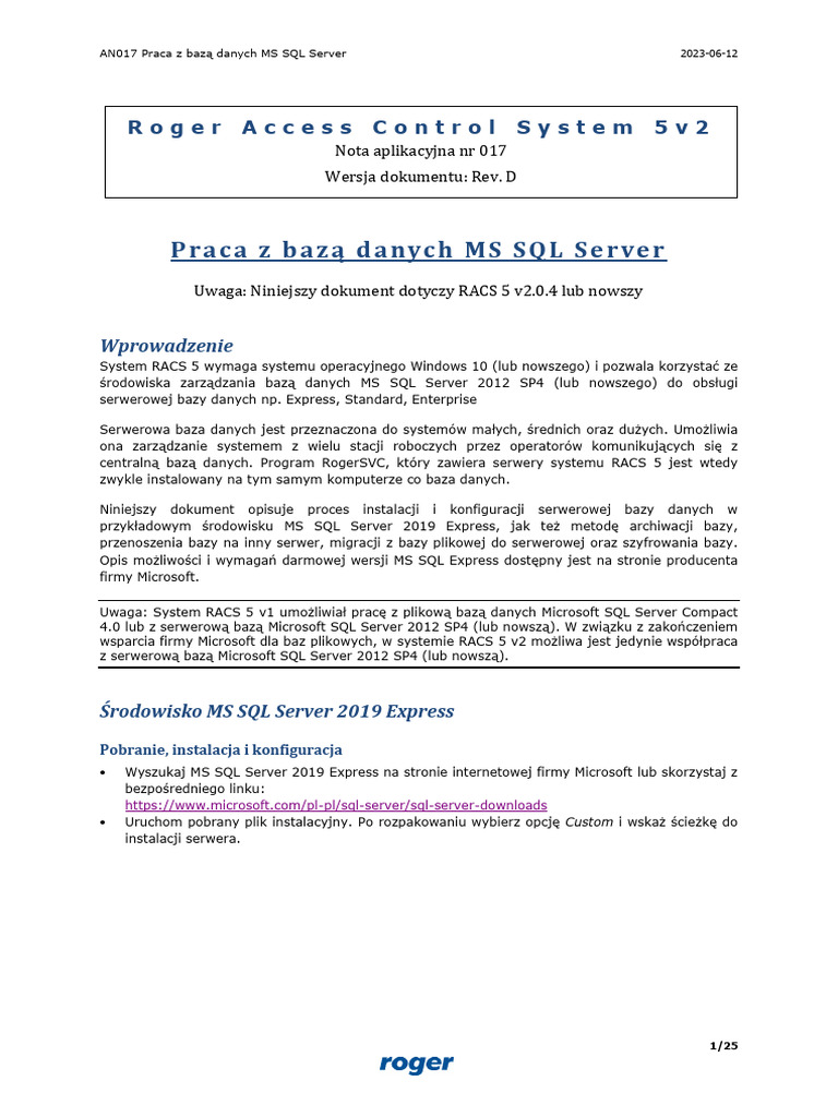 Praca Z Bazą Danych MS SQL Server: Roger Access Control System 5v2 | PDF