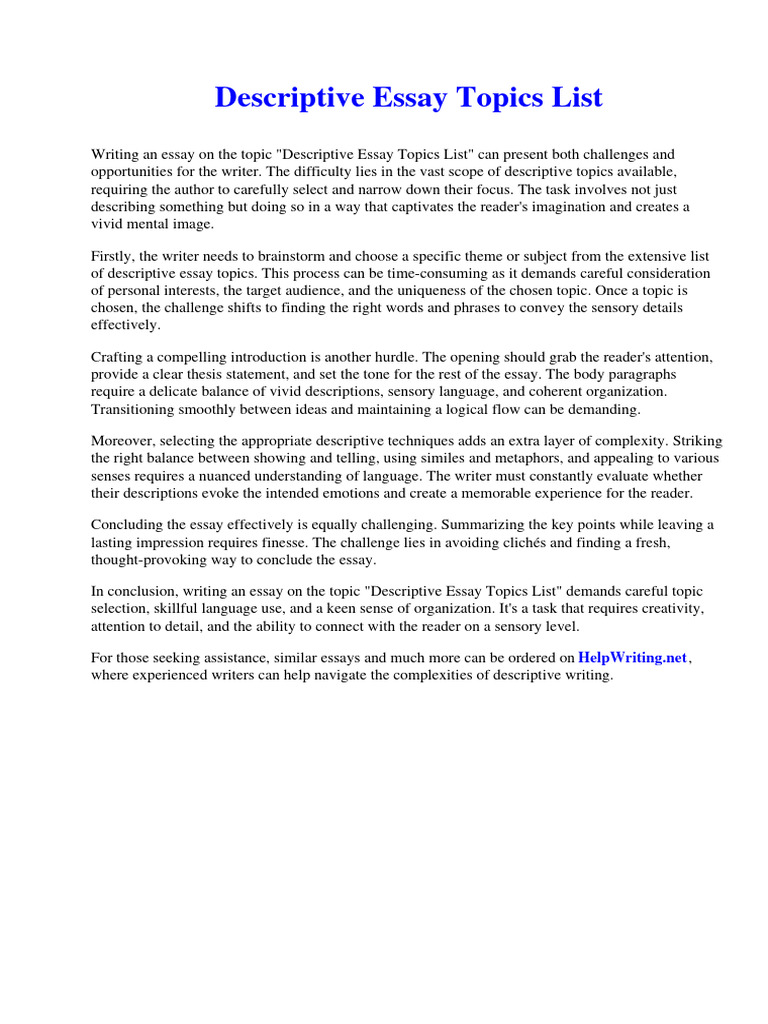 Descriptive Essay Topics List | PDF