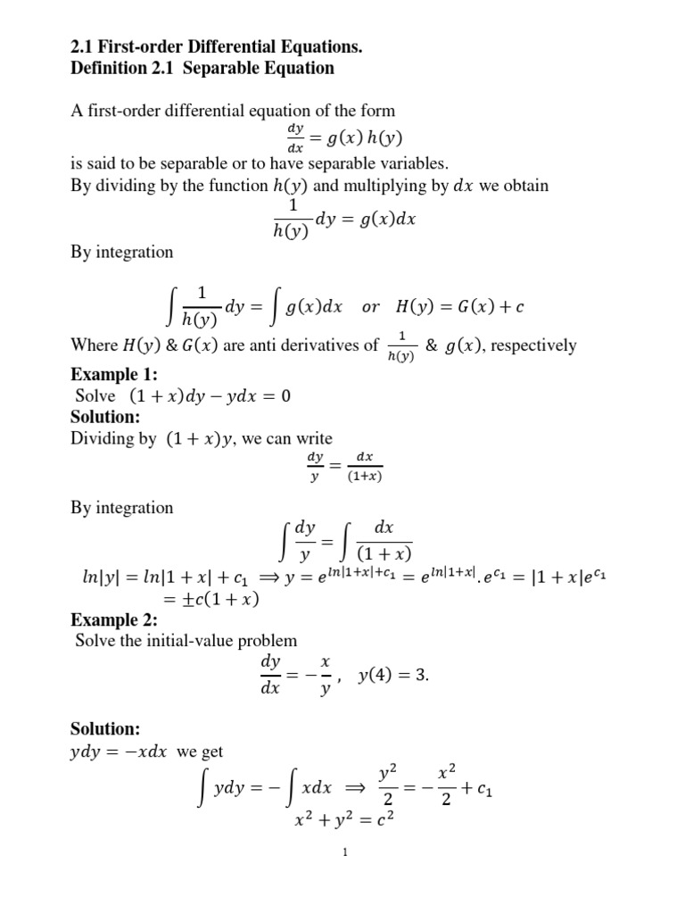 2.1 First-Order Differential Equations. Definition 2.1 Separable Equation | PDF