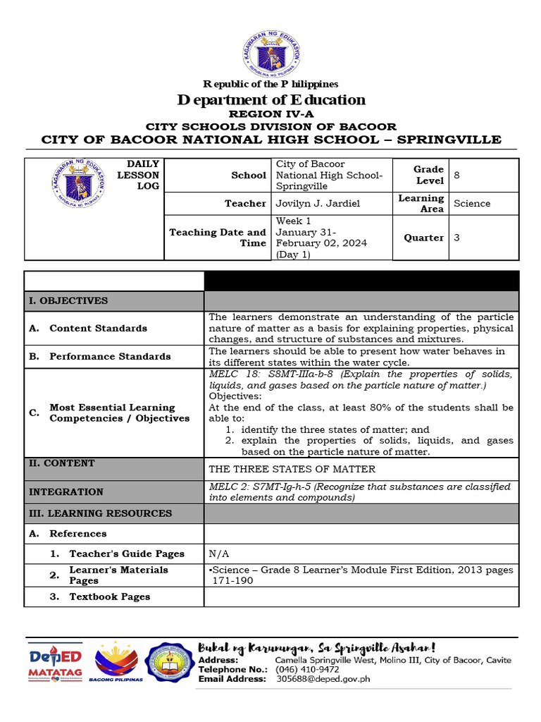 Grade 8 Science Lesson on Matter | PDF | Matter | Weight