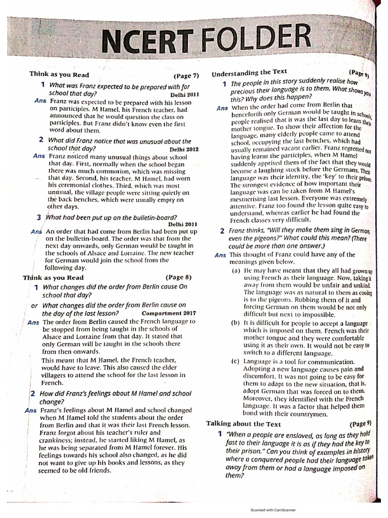 Ch-1 The Last Lesson QA | PDF Ch-1 The Last Lesson QA | PDF