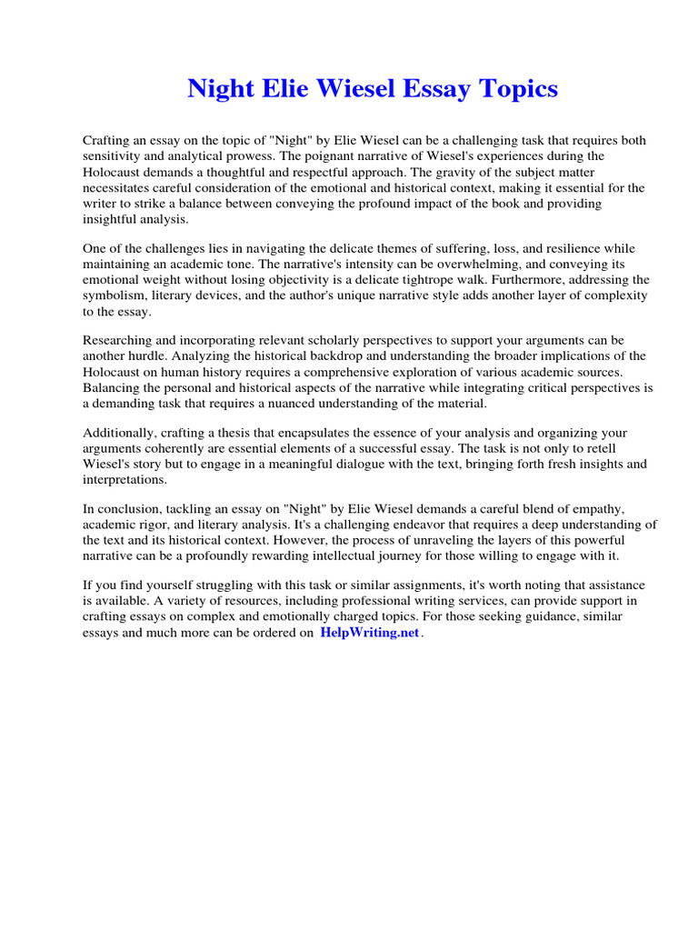 Elie Wiesel's "Night" Essay Topics Guide | PDF | Valuation (Finance ...