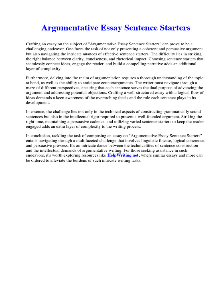 Argumentative Essay Sentence Starters | PDF | Sexual Orientation ...
