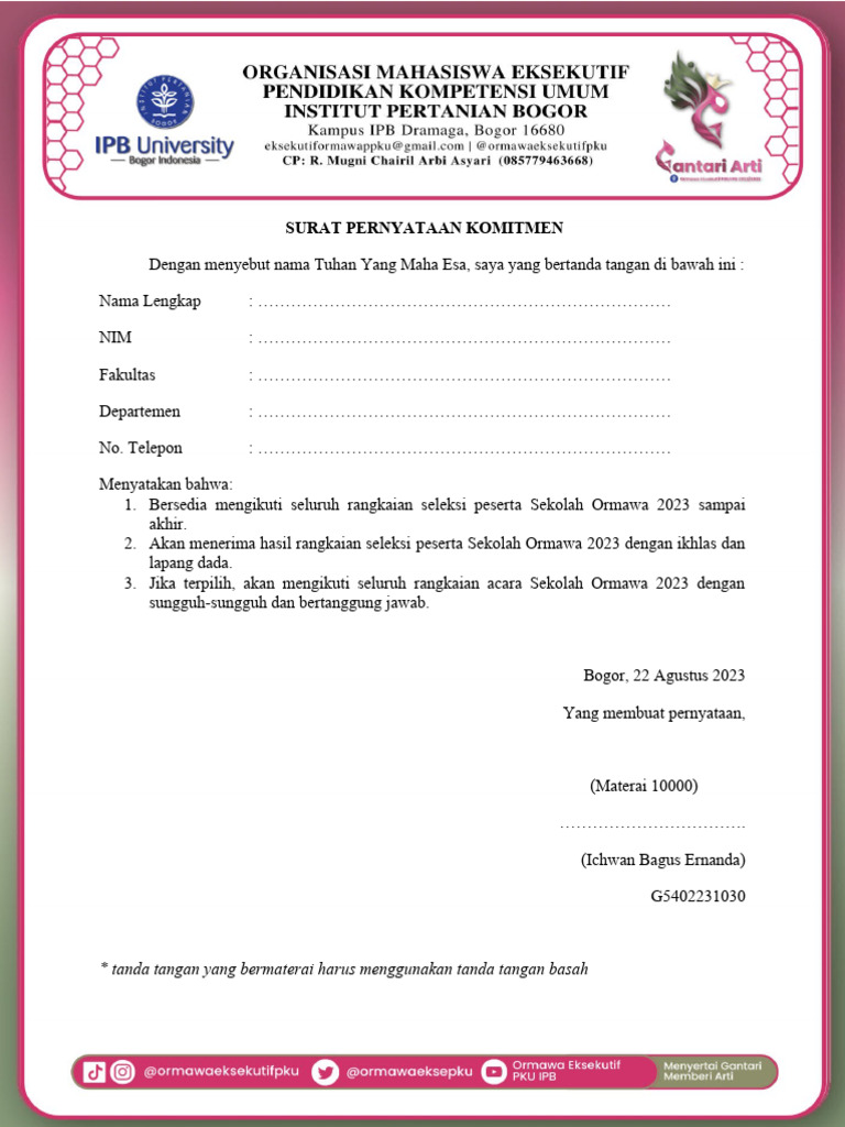 Format Surat Komitmen Calon Peserta Sekolah Ormawa 2023 | PDF