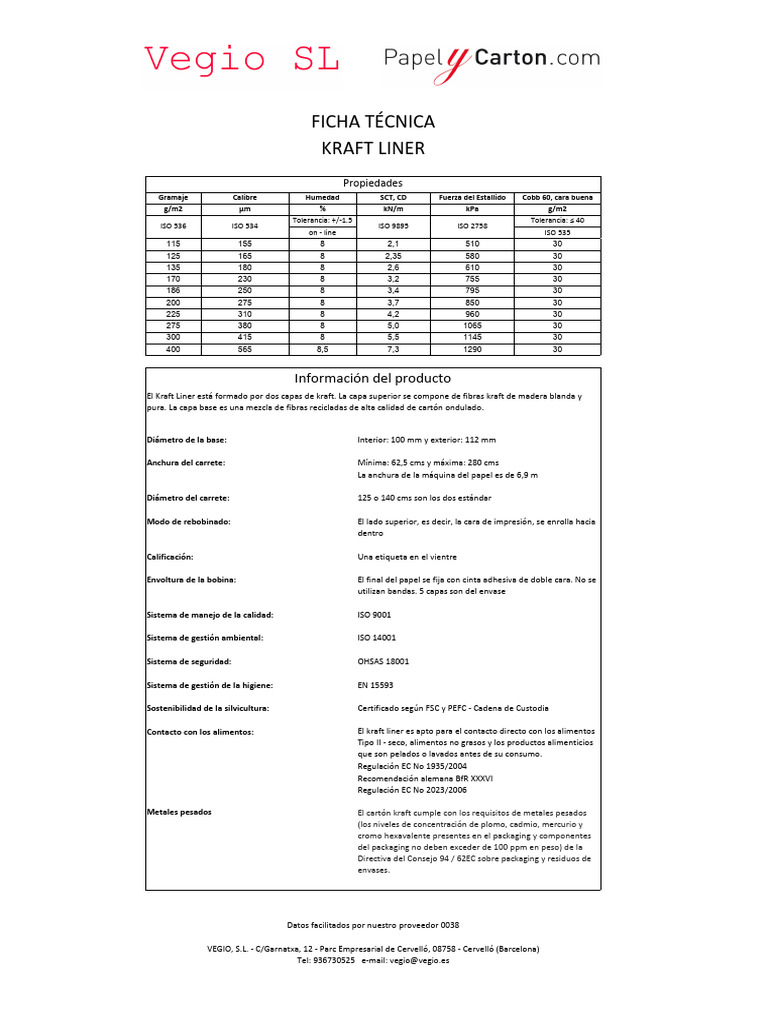 Vegio Ficha Tecnica Kraft Liner | PDF | Materiales | Entorno natural