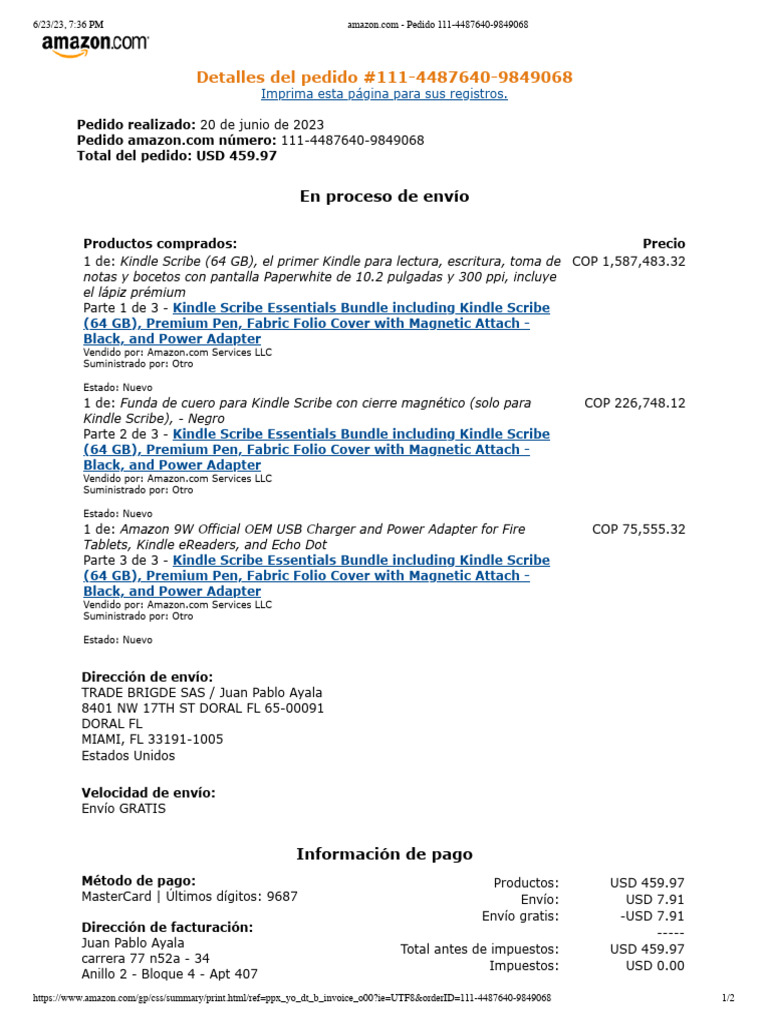 amazon.com - Pedido 111-4487640-9849068 | PDF | Amazon Kindle | Electrónica de consumo