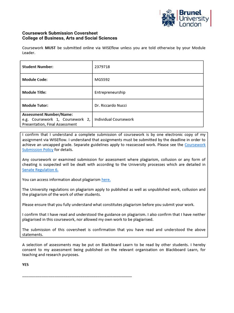 Coursework Submission Coversheet College of Business, Arts and Social ...