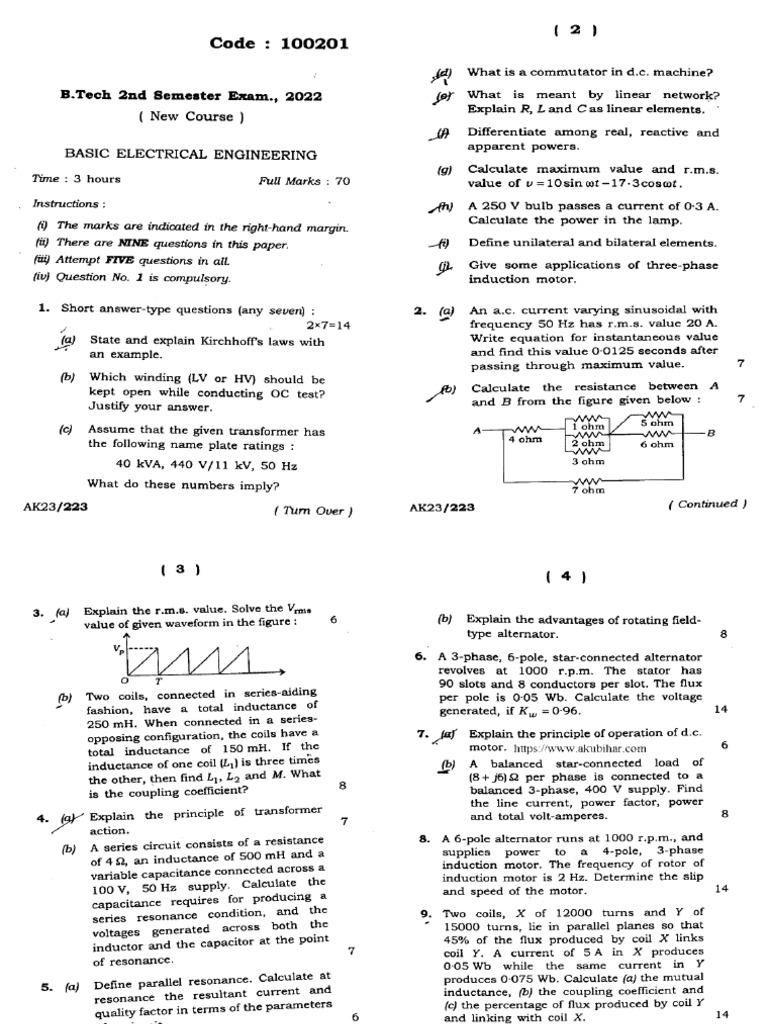 Btech 2 Sem Basic Electrical Engineering 100201 2022 | PDF Btech 2 Sem Basic Electrical Engineering 100201 2022 | PDF