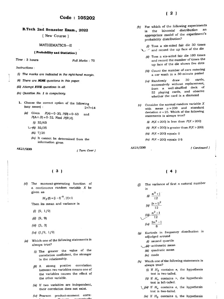 Btech 2 Sem Mathematics 2 Probability and Statistics 105202 2022 | PDF
