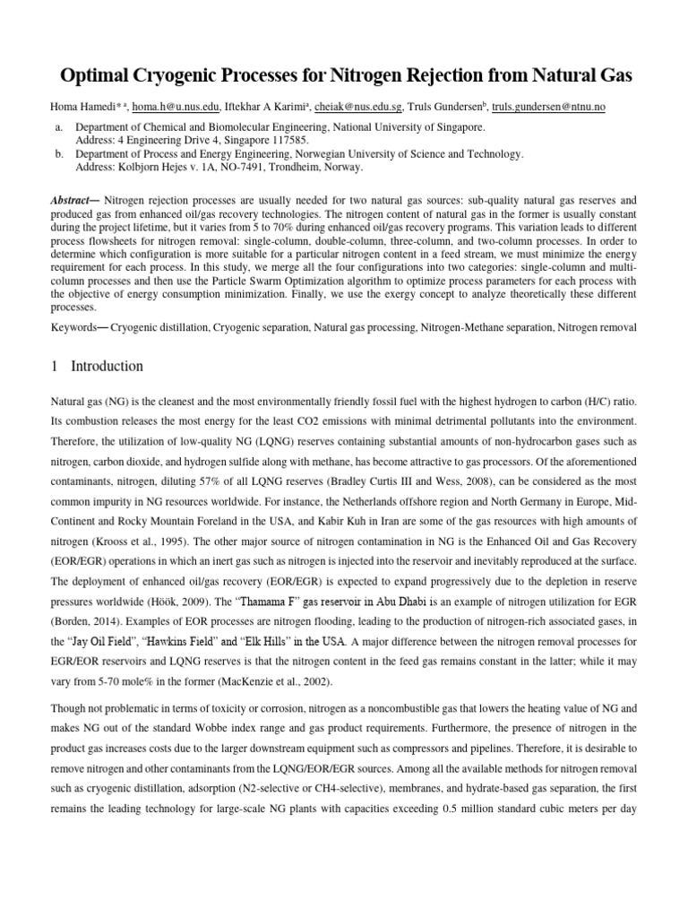 Optimal Cryogenic Processes For Nitrogen Rejection From Natural Gas ...