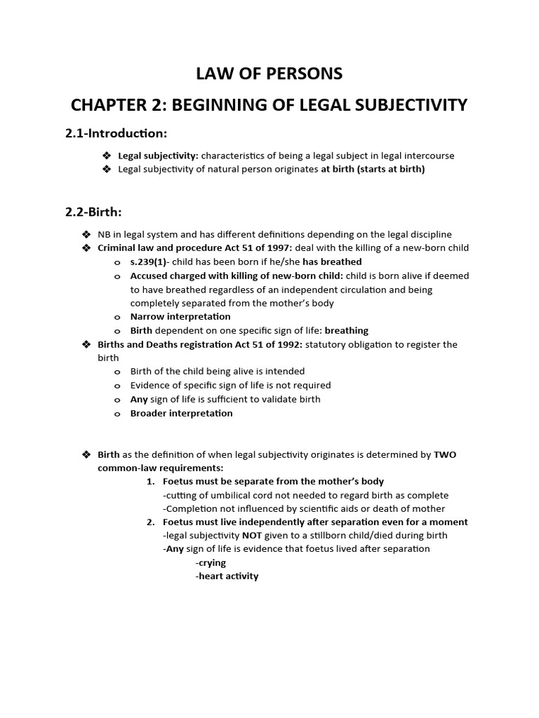 Law of Persons Chapter 2 Notes | PDF | Damages | Pregnancy