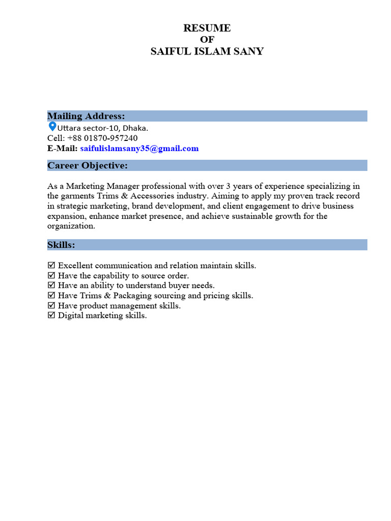 Resume Saiful Islam Sany: E-Mail | Download Free PDF | Marketing | Human Communication