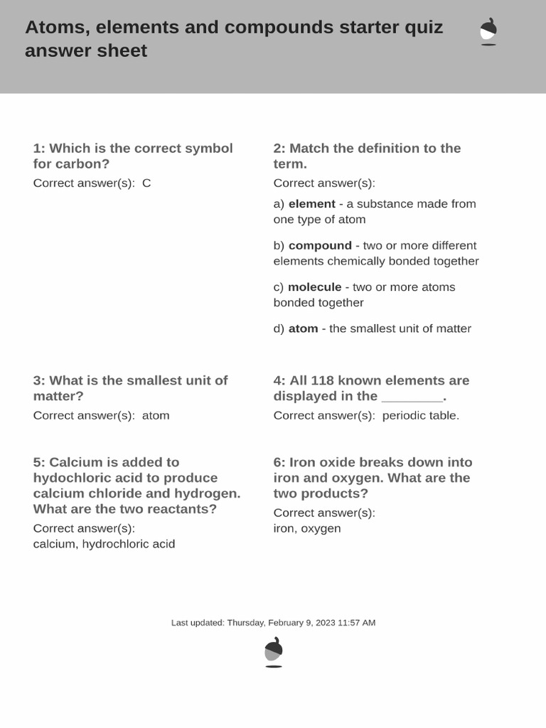 Atoms Elements and Compounds H3hasv Intro Quiz Answers | PDF