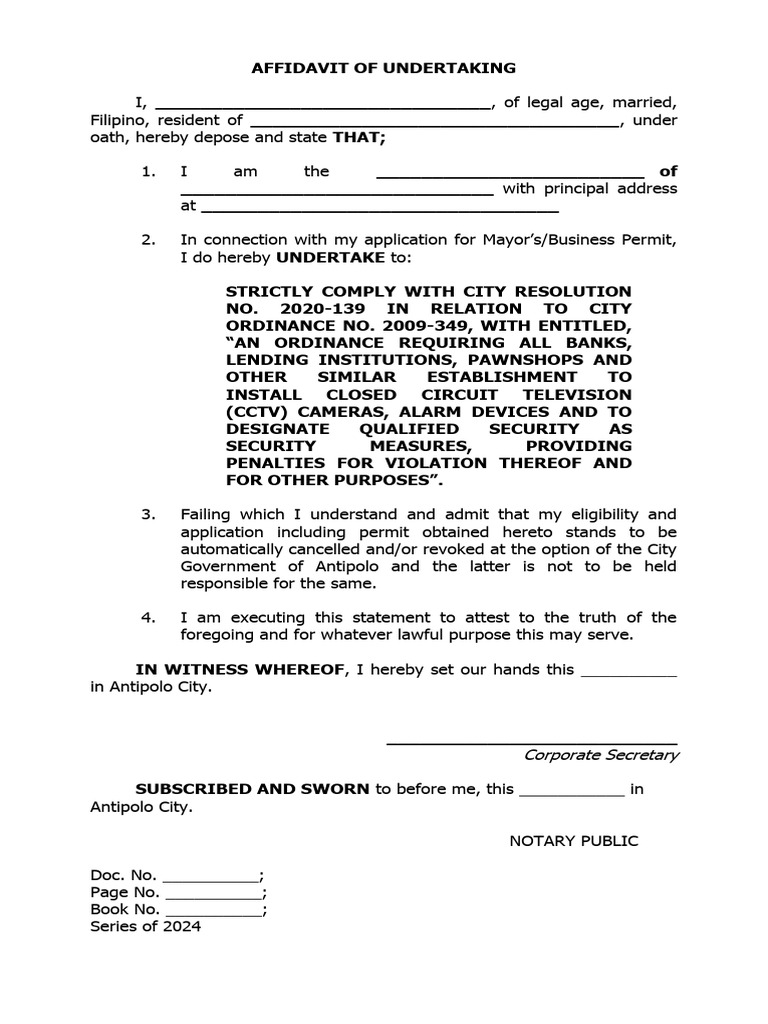 Affidavit of Undertaking for CCTV Compliance | PDF