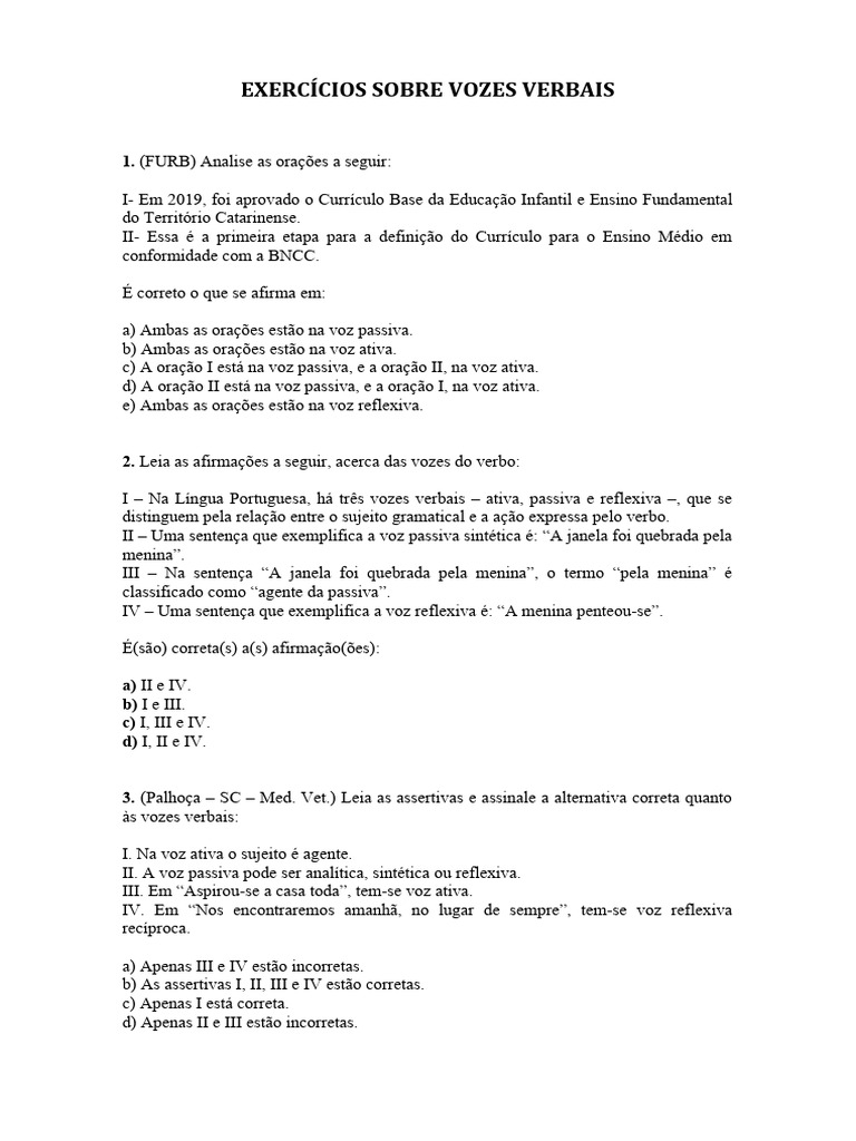 Exercícios Sobre Vozes Verbais | PDF | Assunto (gramática ... Exercícios Sobre Vozes Verbais | PDF | Assunto (gramática ...