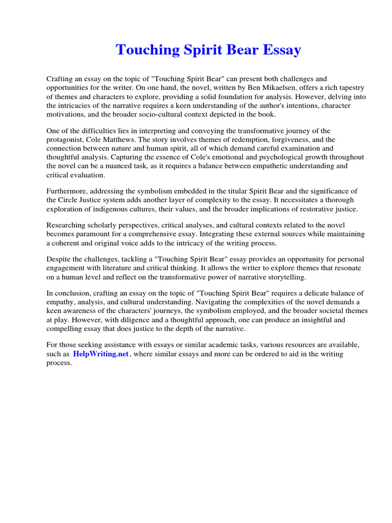 Touching Spirit Bear Essay | Download Free PDF | Narrative | World War I