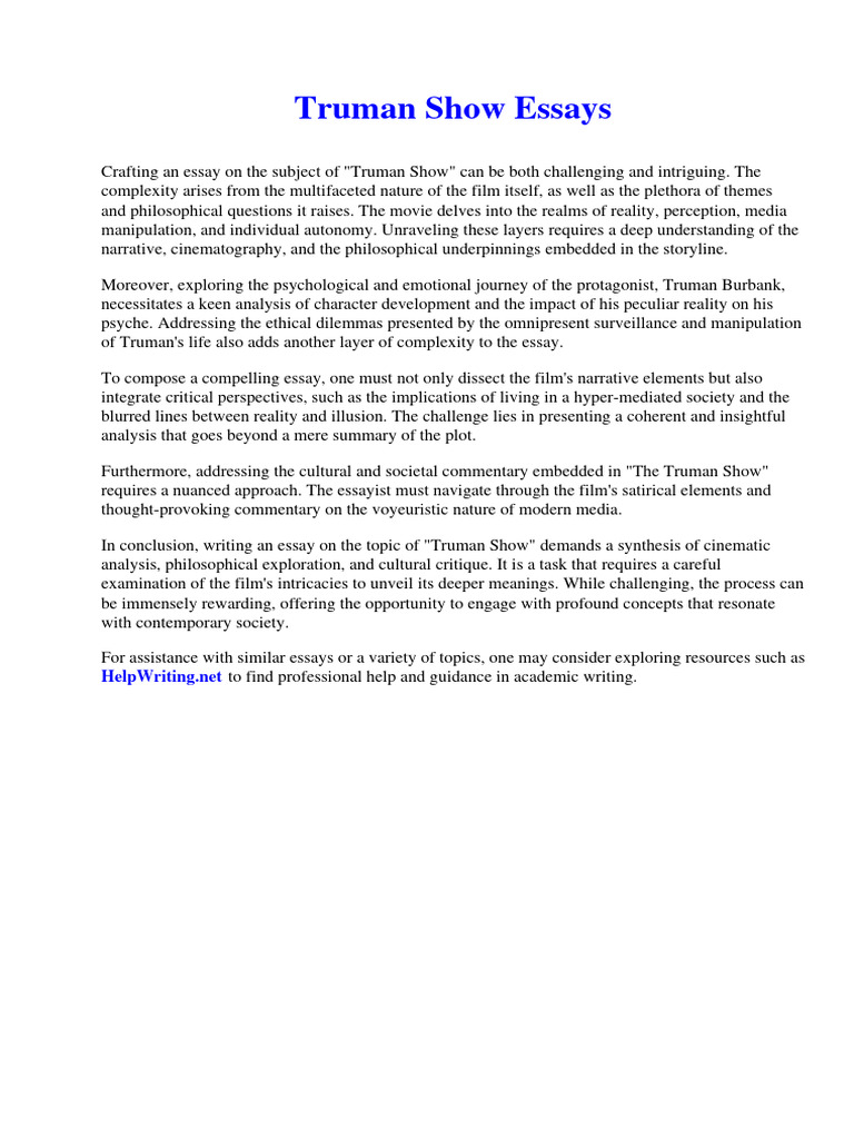Truman Show Essays | Download Free PDF | Essays