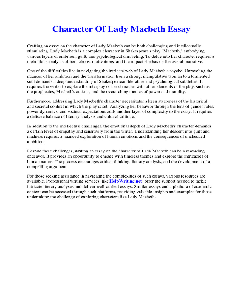 Character of Lady Macbeth Essay | Download Free PDF | Pokémon