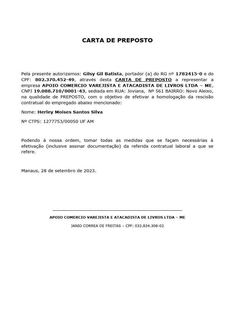 Carta de Preposto para Rescisão Contratual | PDF