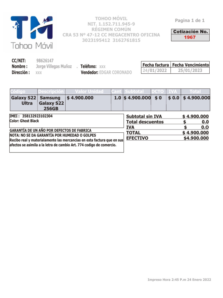 Factura de Compra Galaxy S22 Ultra | PDF
