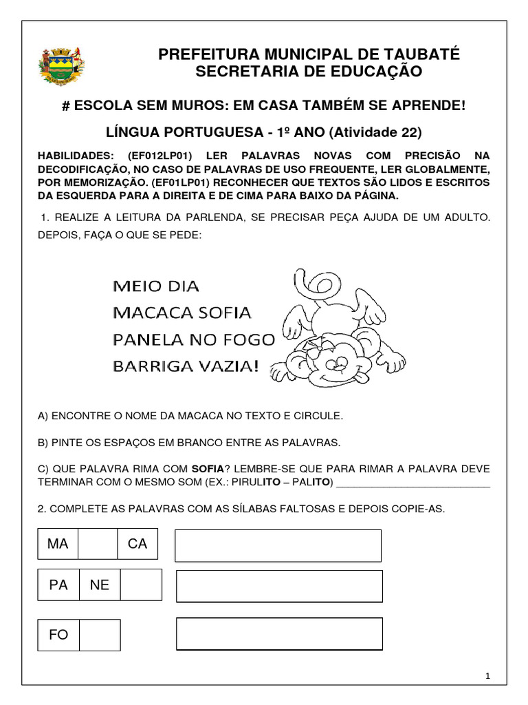 Atividades de Leitura para 1º Ano | PDF