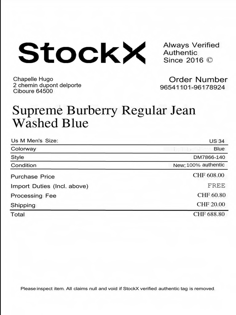 Stocx Facture Burberry Supreme Jeans | PDF