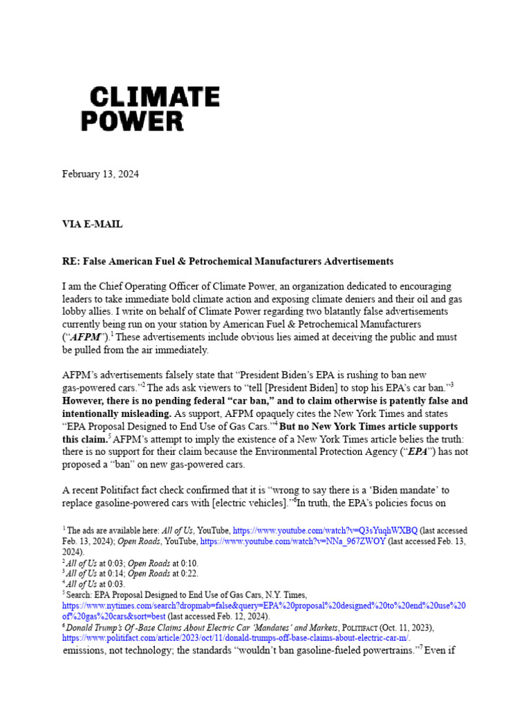 Climate Power Letter | PDF | Car | United States Environmental ...