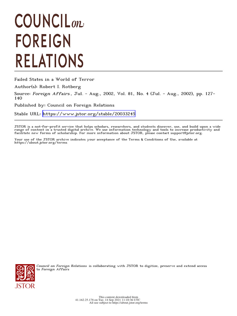 Failed States in A World of Terror. Rotberg (2002) | PDF | Failed State ...