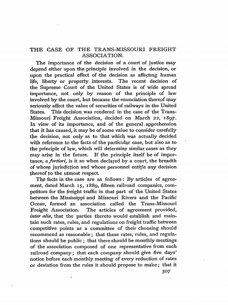 The Case of The Trans-Missouri Freight Association | PDF | Restraint Of ...