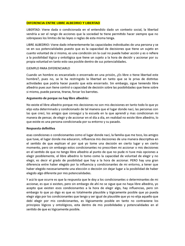 Diferencia Entre Libre Albedrio y Libertad | PDF | Libre albedrío | Libertad